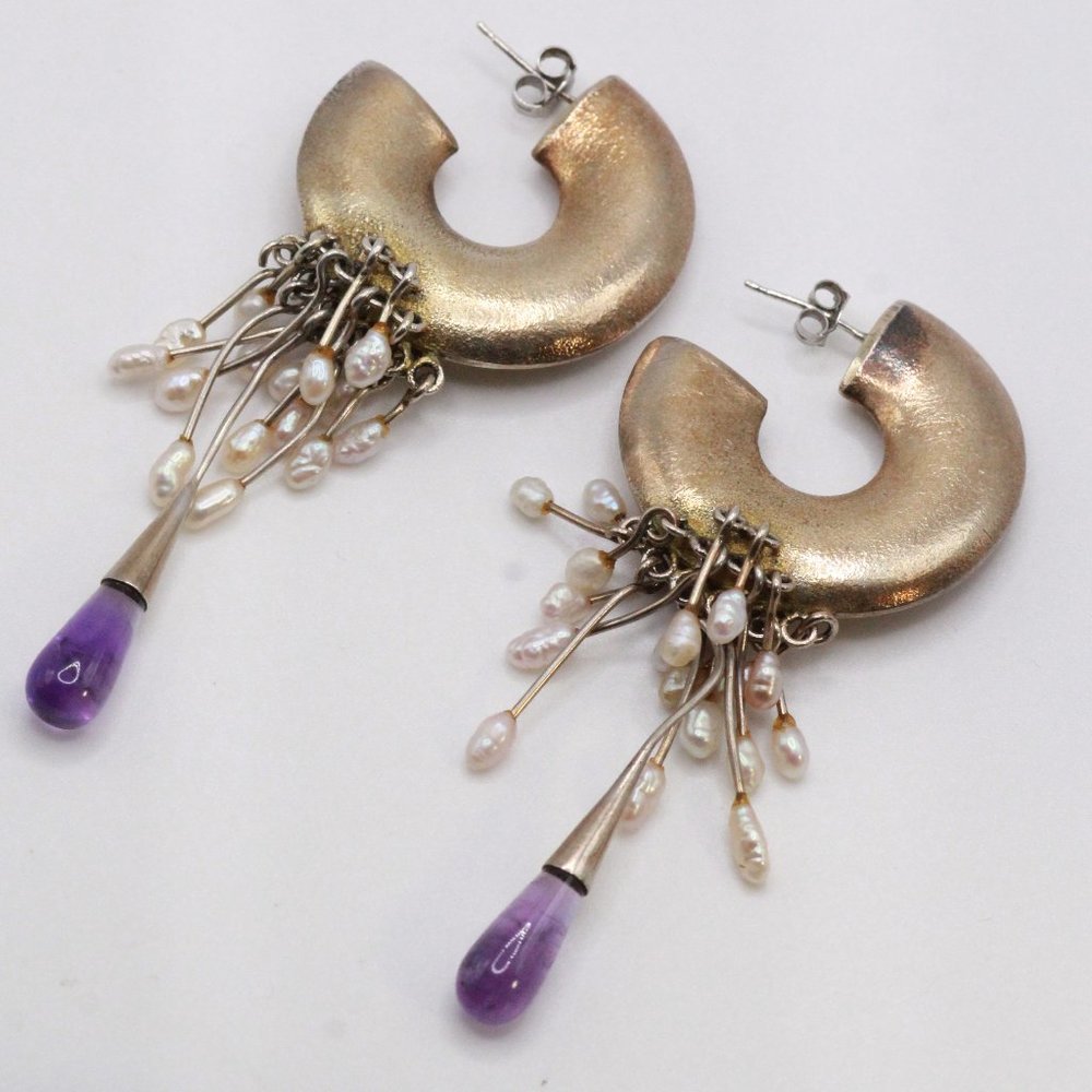 Sterling Silver Amethyst Pearl Studio Artisan Pearl E… - Gem